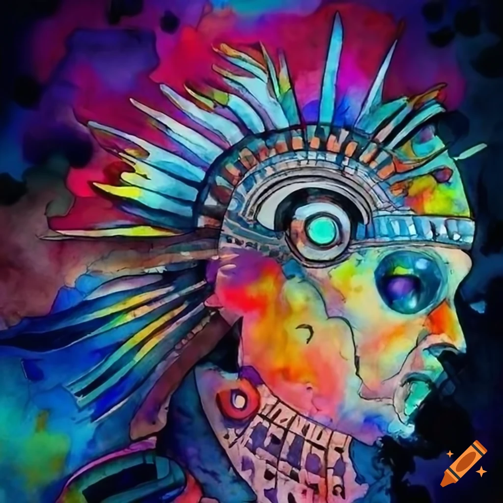 Watercolor and ink artwork of an aztec-egyptian alien astrolabe on Craiyon