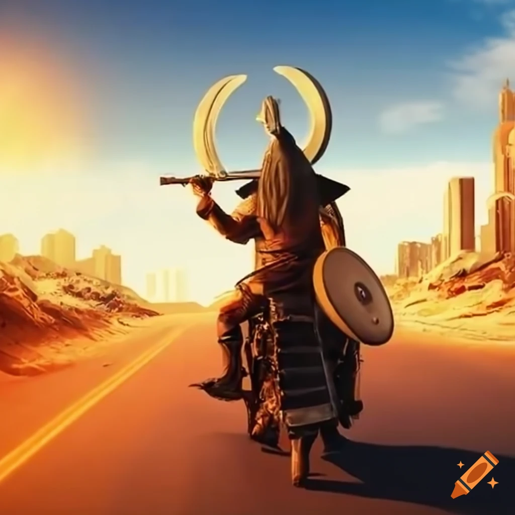 Viking riding a motorcycle in the desert