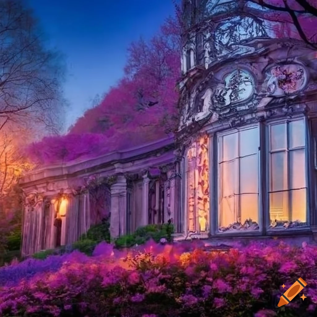 Dresden garden house with crystal windows and beautiful sunrise