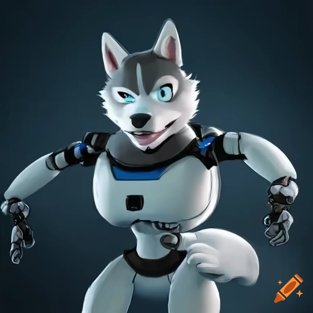 Cartoon robot husky conducting experiments on Craiyon