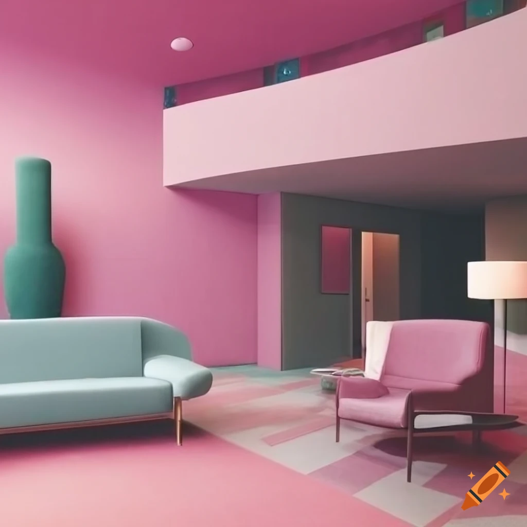 Mid century modern hotel lobby with pastel candy colors and tiled ...