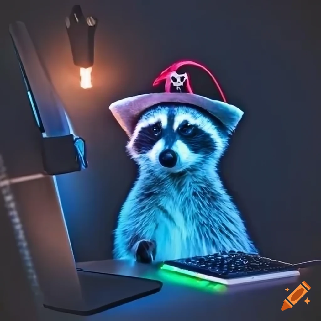 Raccoon with pirate hat in rgb-lit computer setup on Craiyon