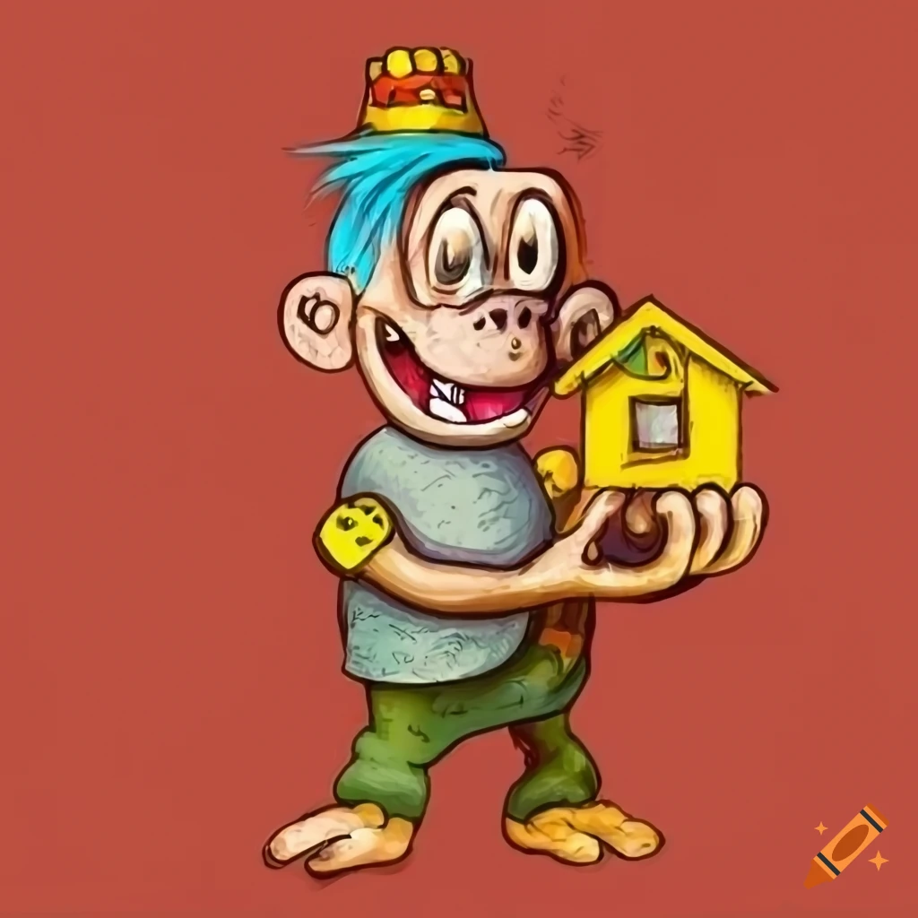 Illustration of a monkey holding a tiny american house on Craiyon