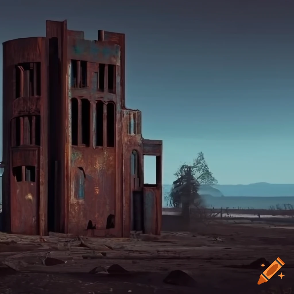 Modern rusty iron architecture in a desolate landscape