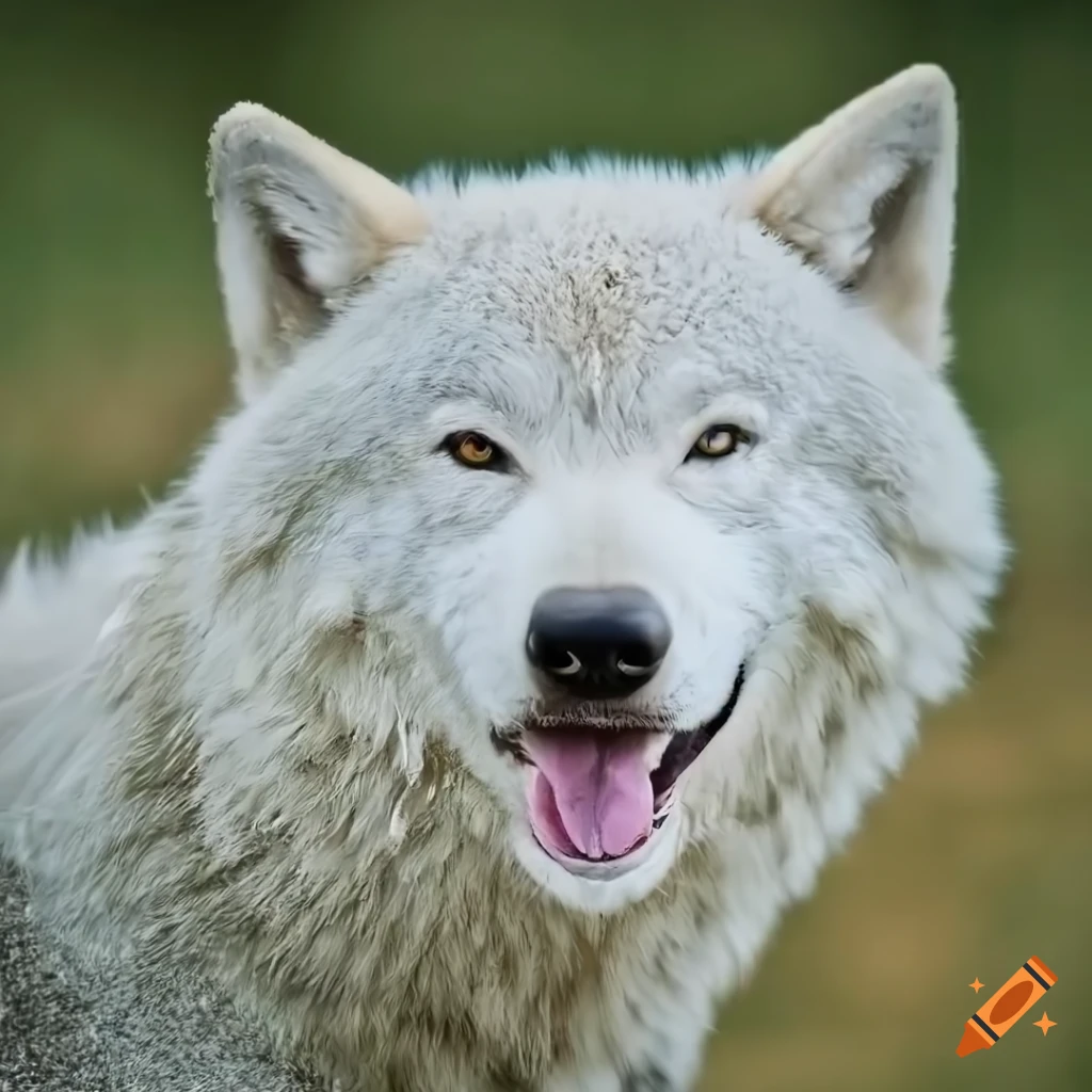 Smiling white wolf covered in mud on Craiyon