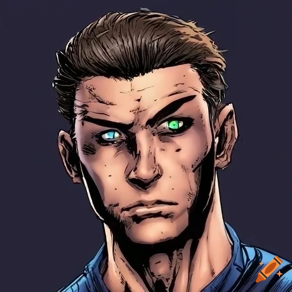 Close up Of A Male Superhero In Blue Shirt With Bruises On His Face On close-up-of-a-male-superhero-in-blue-shirt-with-bruises-on-his-face-on