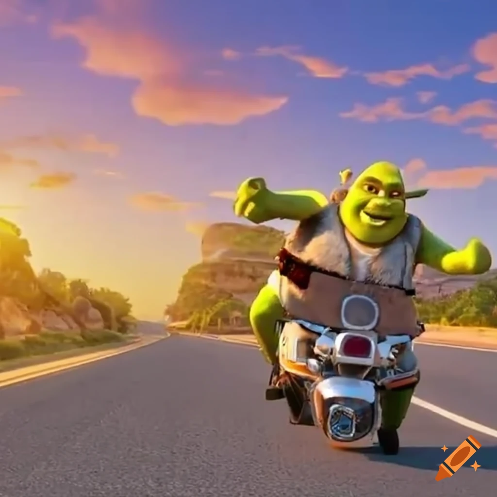 Shrek riding motorcycle at sunset on Craiyon