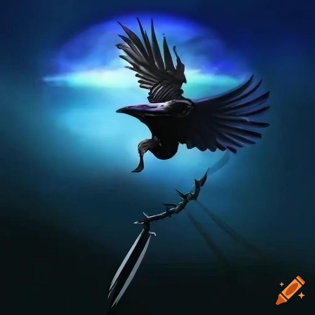 Fantasy illustration of a raven in armor throwing shurikens on Craiyon