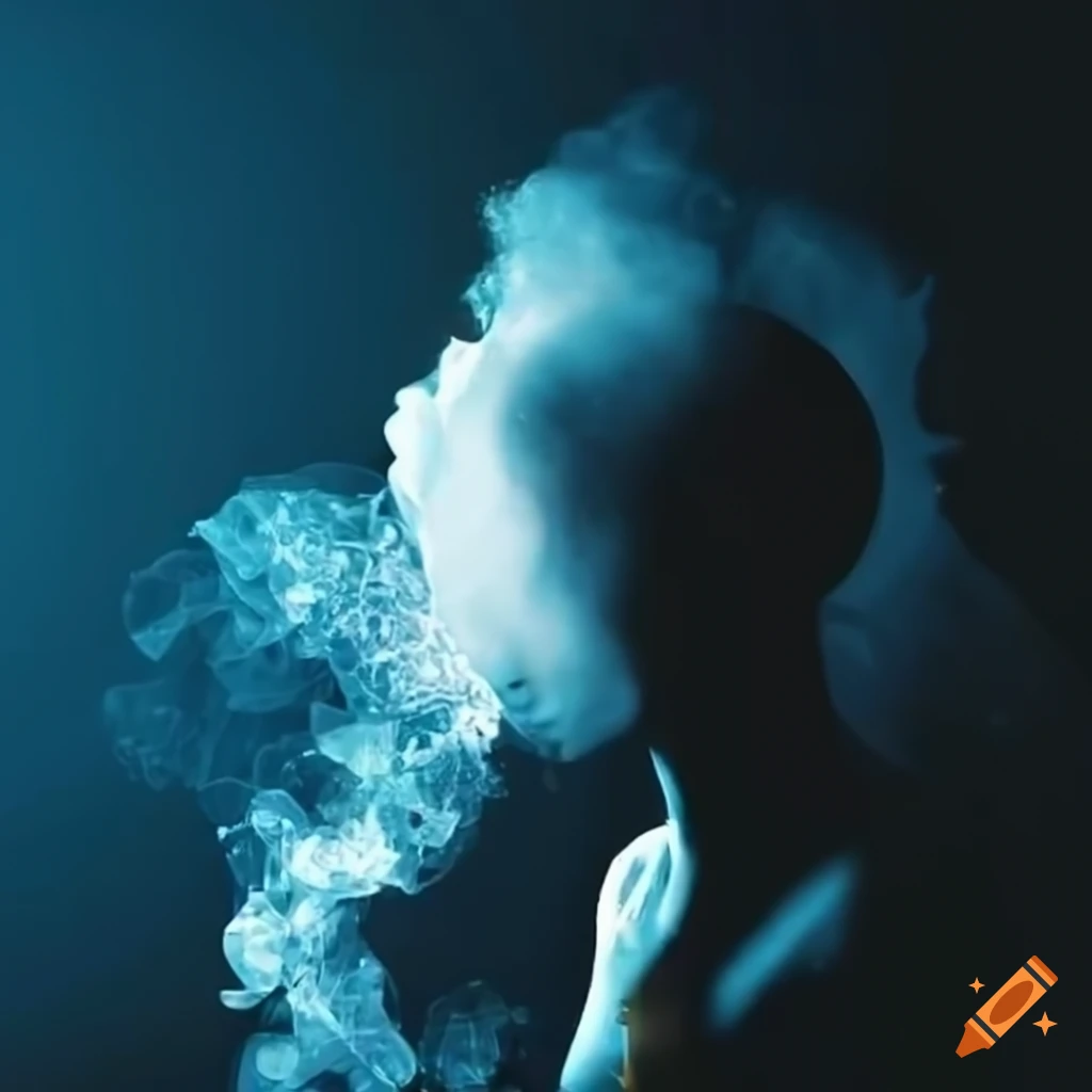 Male cyborg with led lights in an industrial plant with smoke and ...