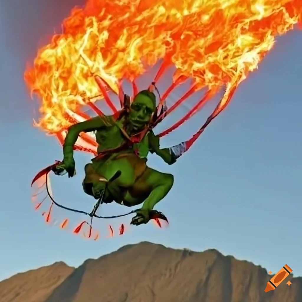 Image of a goblin paragliding through fire