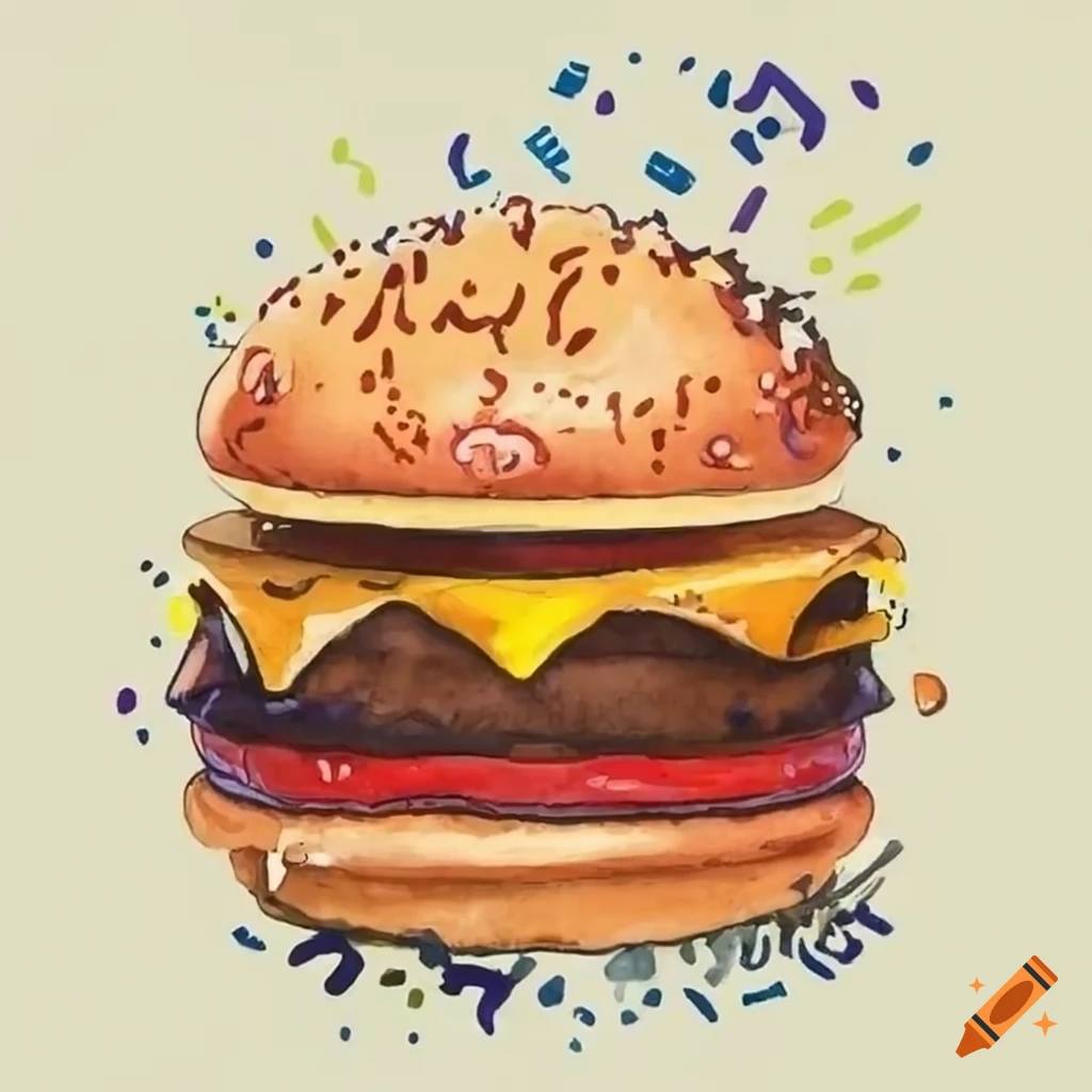 Vibrant Keith Haring-style illustration of people enjoying a hamburger ...