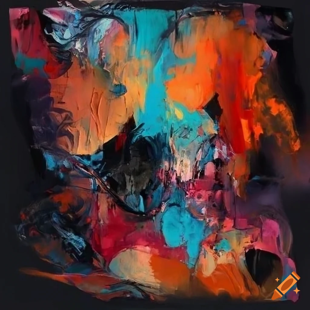 An abstract painting of a figure, background are clouds during dawn ...