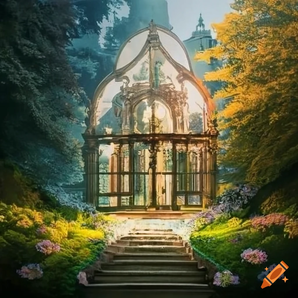 View of a garden house with crystal windows at dawn on Craiyon