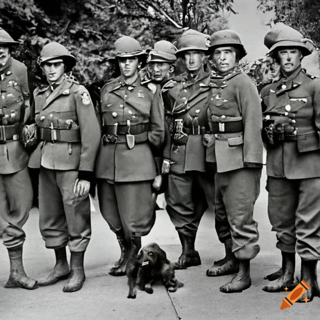 Loyal dog with soldiers during World War II on Craiyon