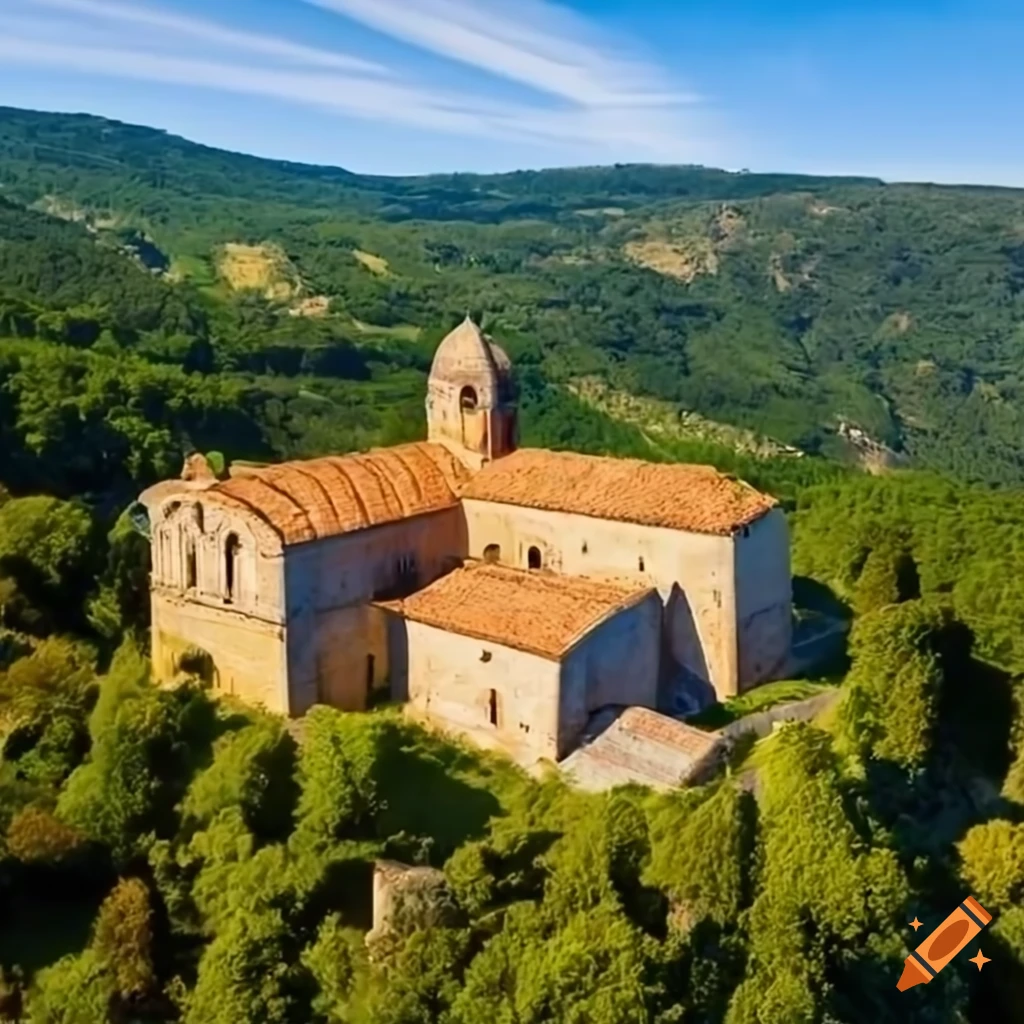 Aerial view of a romanesque monastery in a mediterranean landscape on ...