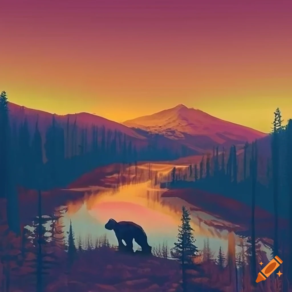 Sunset poster featuring a grizzly bear in the woods