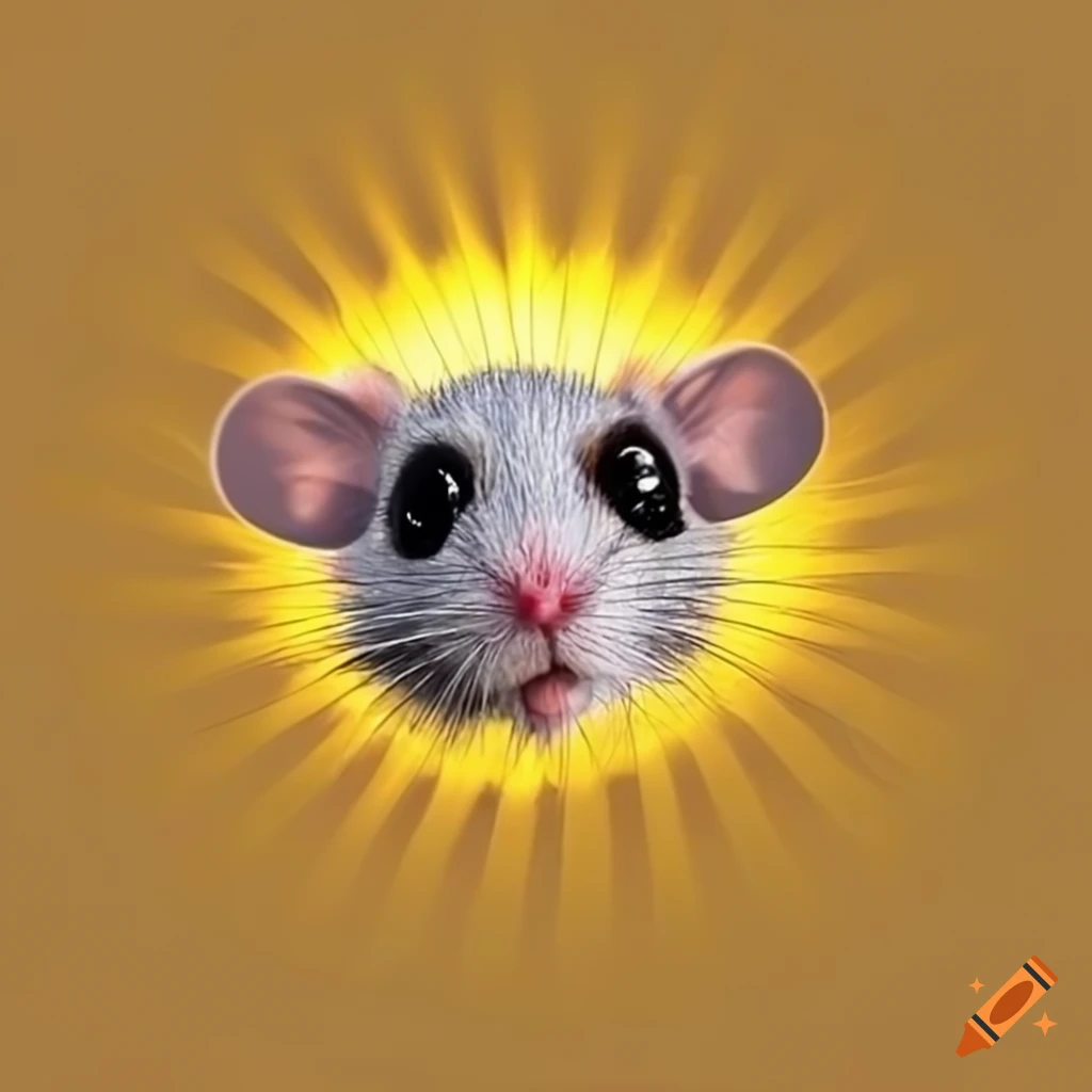 Illustration of a happy mouse head with sun rays on Craiyon