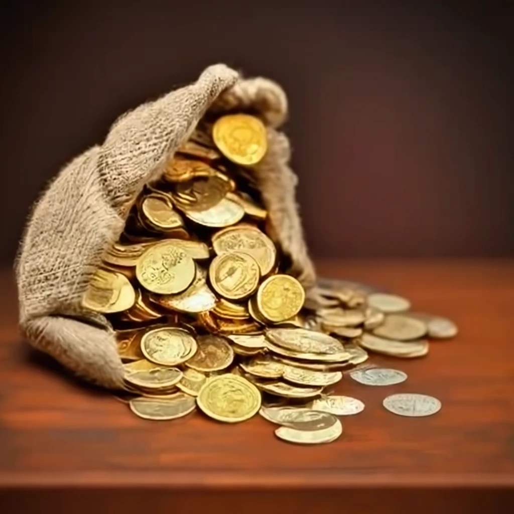 Gold coins on a table during a medieval feast on Craiyon