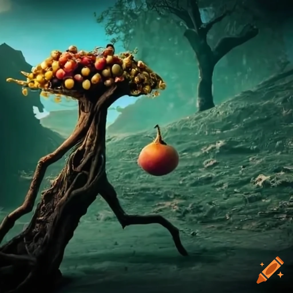 Fantasy artwork of a village under an alien tree