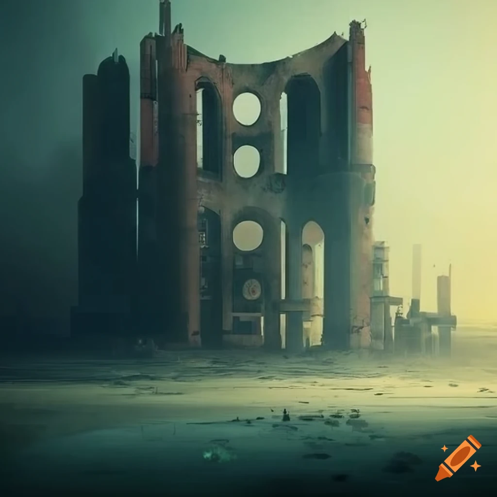 Marina bay sands ruins buried in sand during a sand storm in a post ...