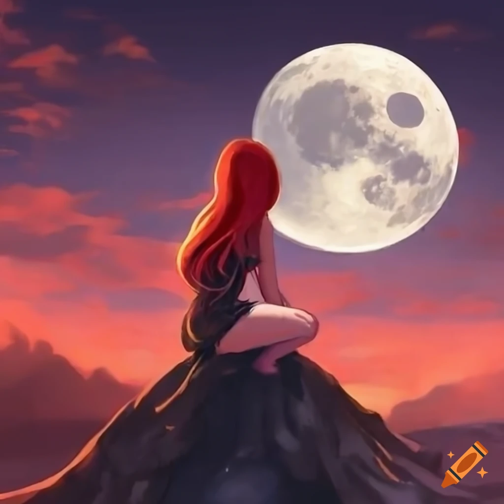 Red-haired woman on a volcano with a full moon
