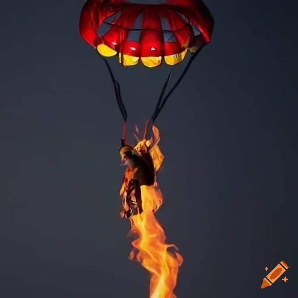 Art of a goblin riding a flaming parasail