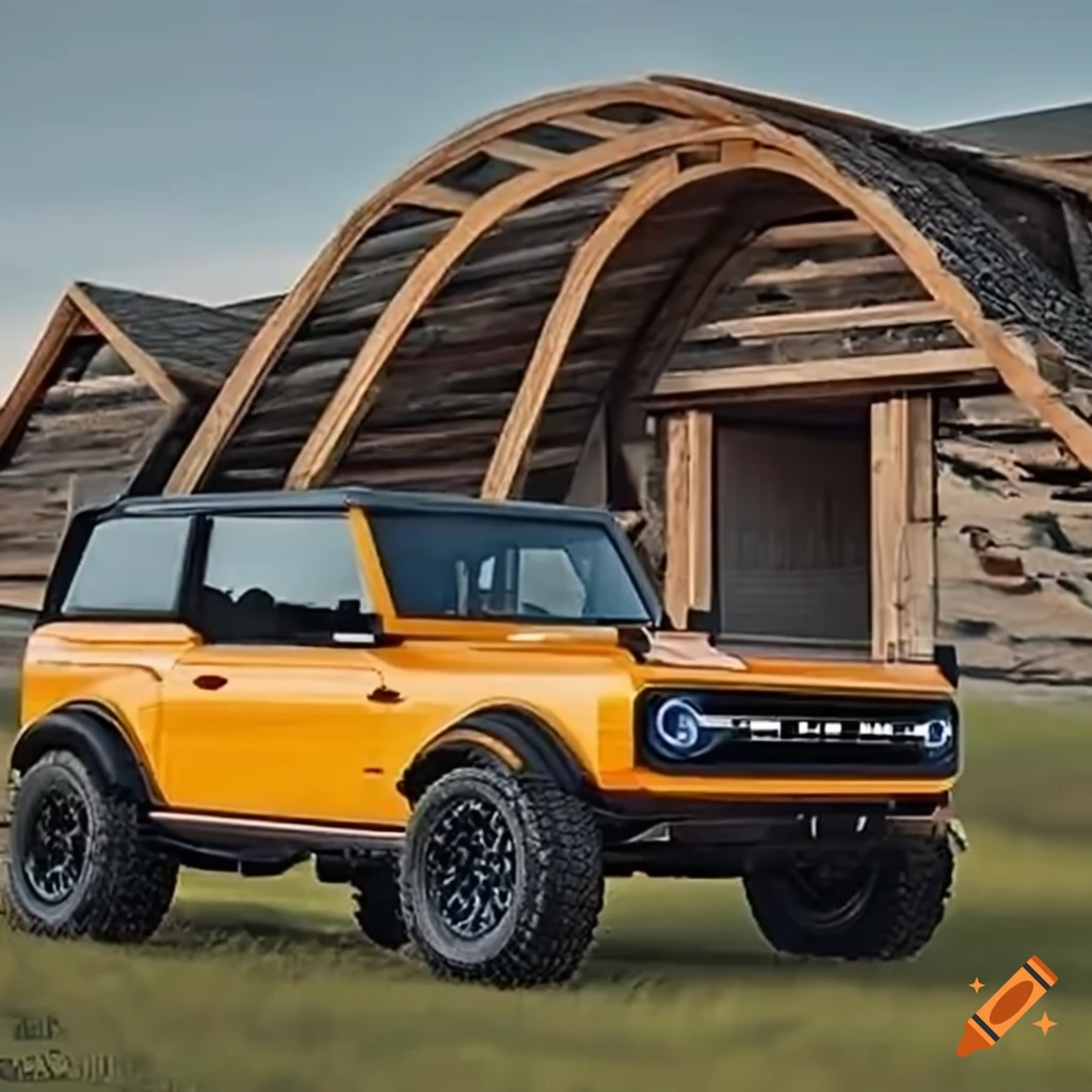 Futuristic ford bronco parked in a wood barn