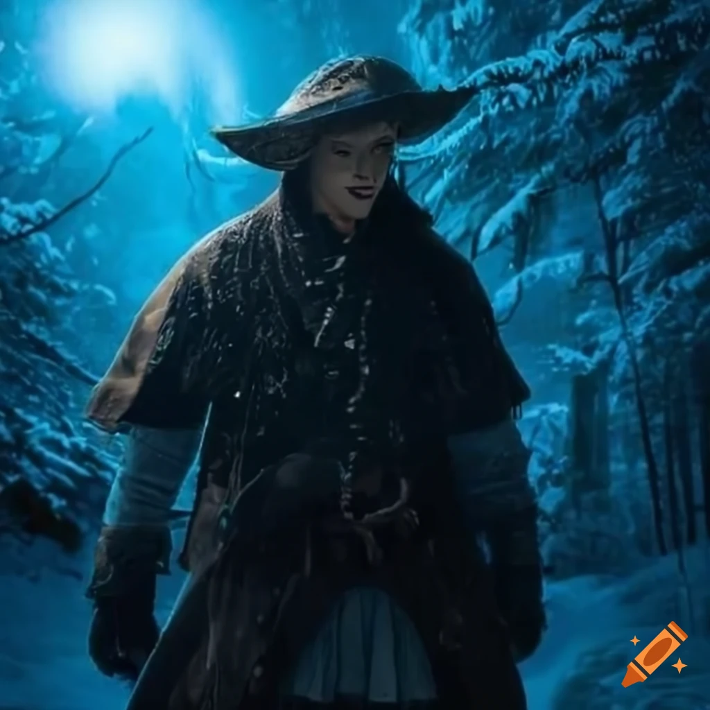 Alien character in a frontierman outfit in a snow forest