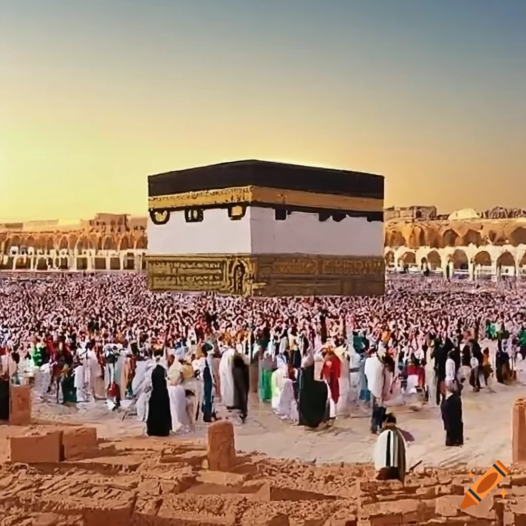 Ancient stone cube in Mecca with a crowd of pilgrims on Craiyon