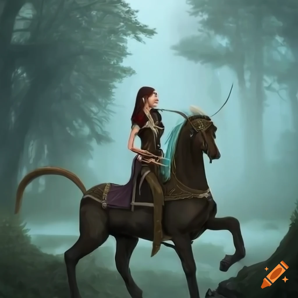 Artwork of a elven female on horseback in misty mountains on Craiyon