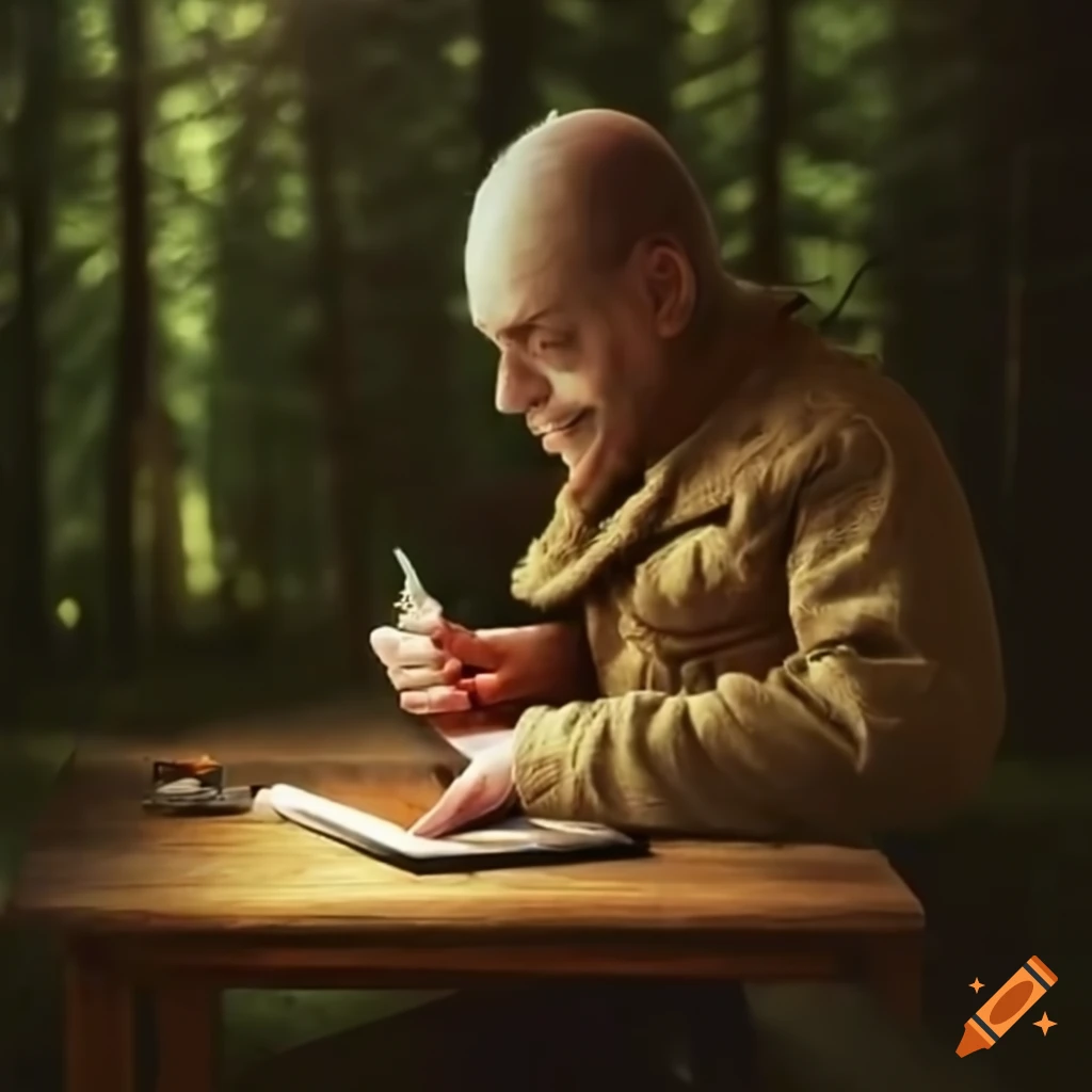 Man writing in a forest