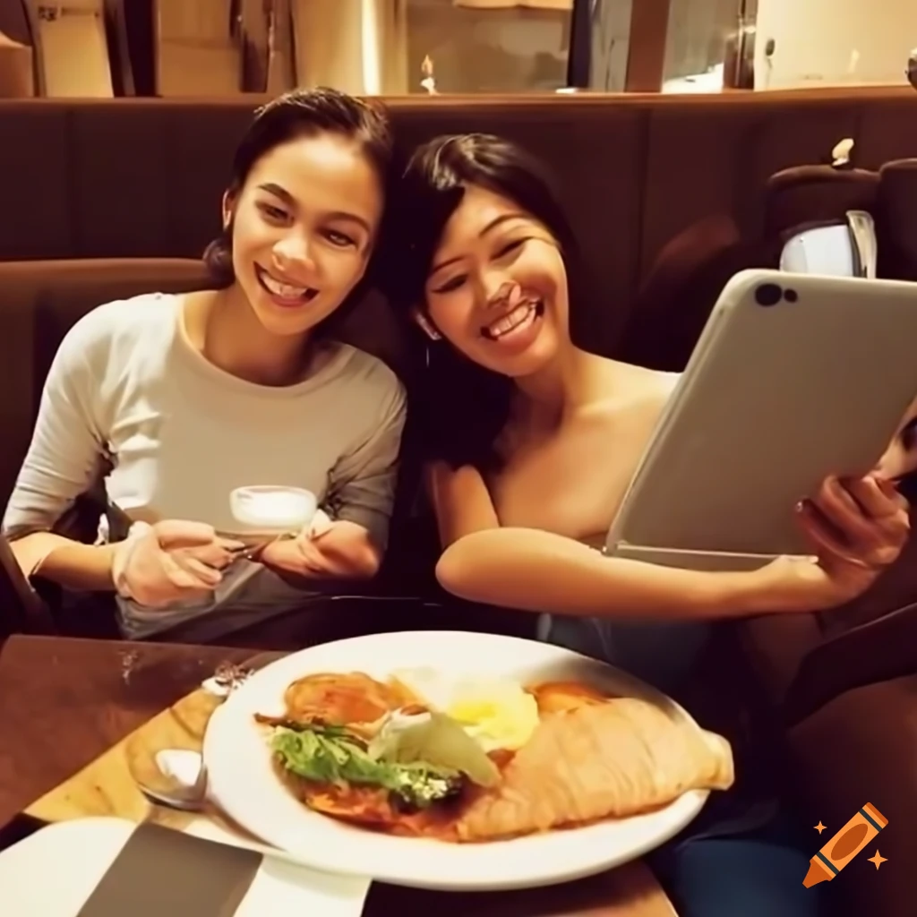 Foodie enjoying a meal and using an ipad