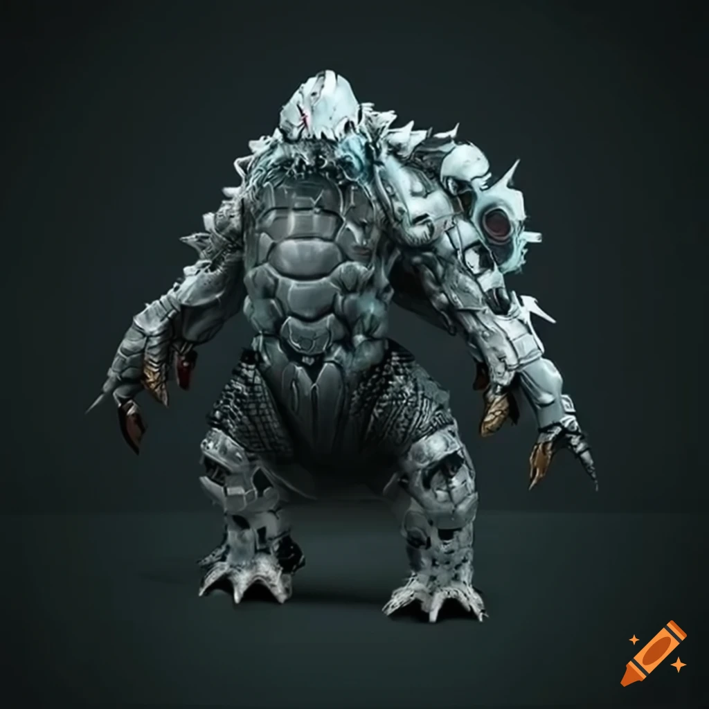 Image of a black snapping turtle kaiju cyborg in futuristic armor