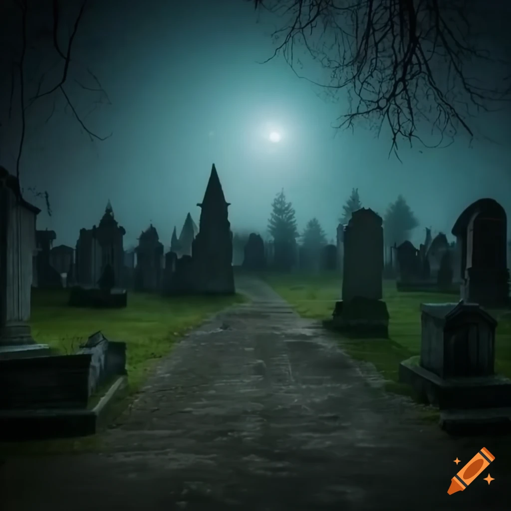 Moonlit cemetery scene with fog on Craiyon