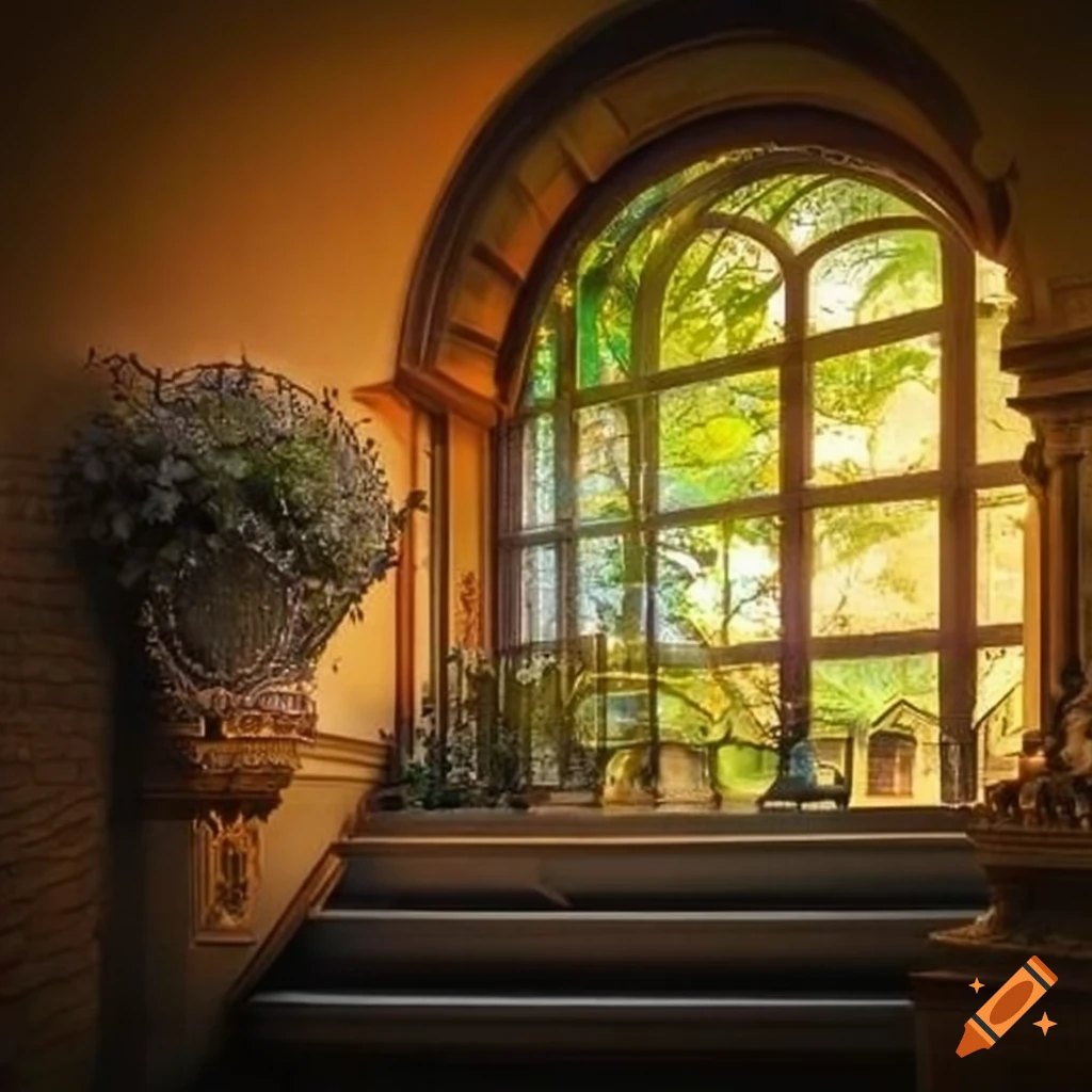 Geometric stained glass window with overlapping shapes and basic colors ...