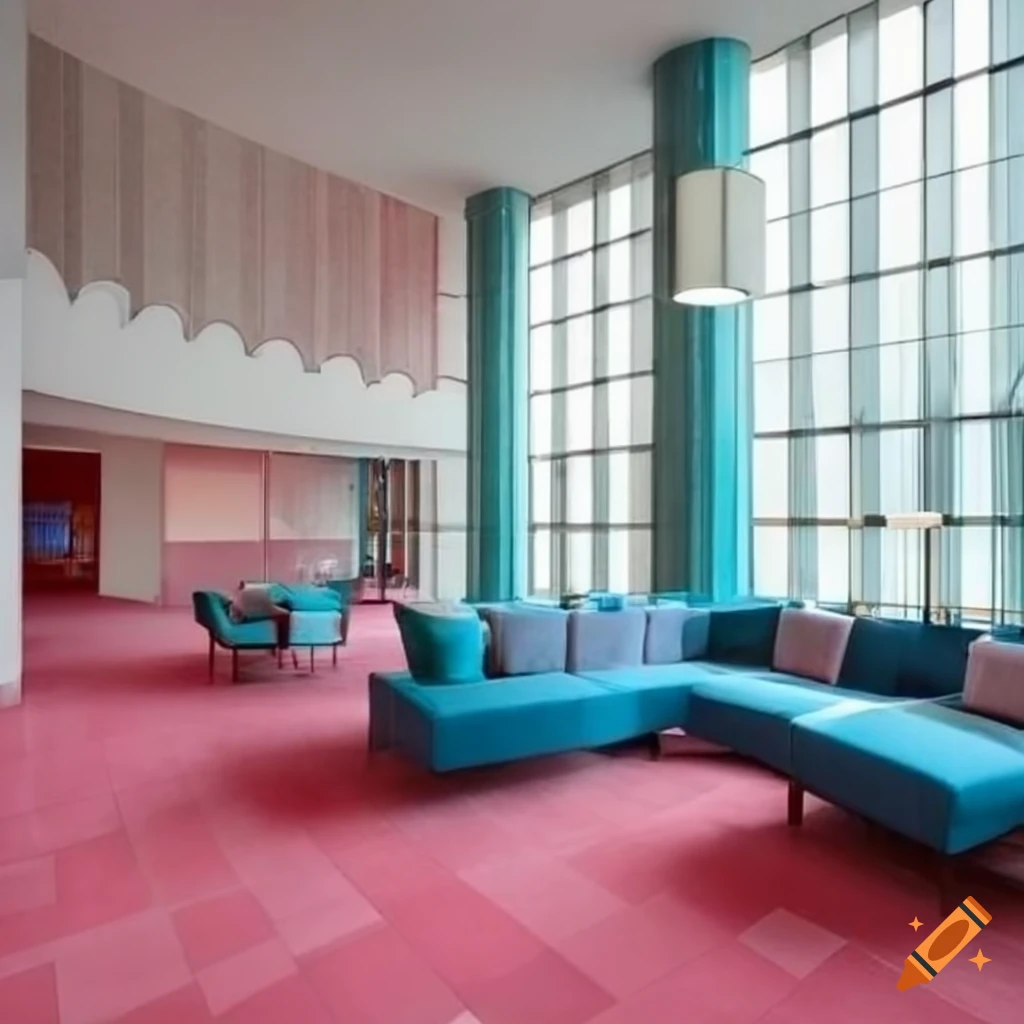 Mid century modern hotel lobby with pastel candy colors on Craiyon