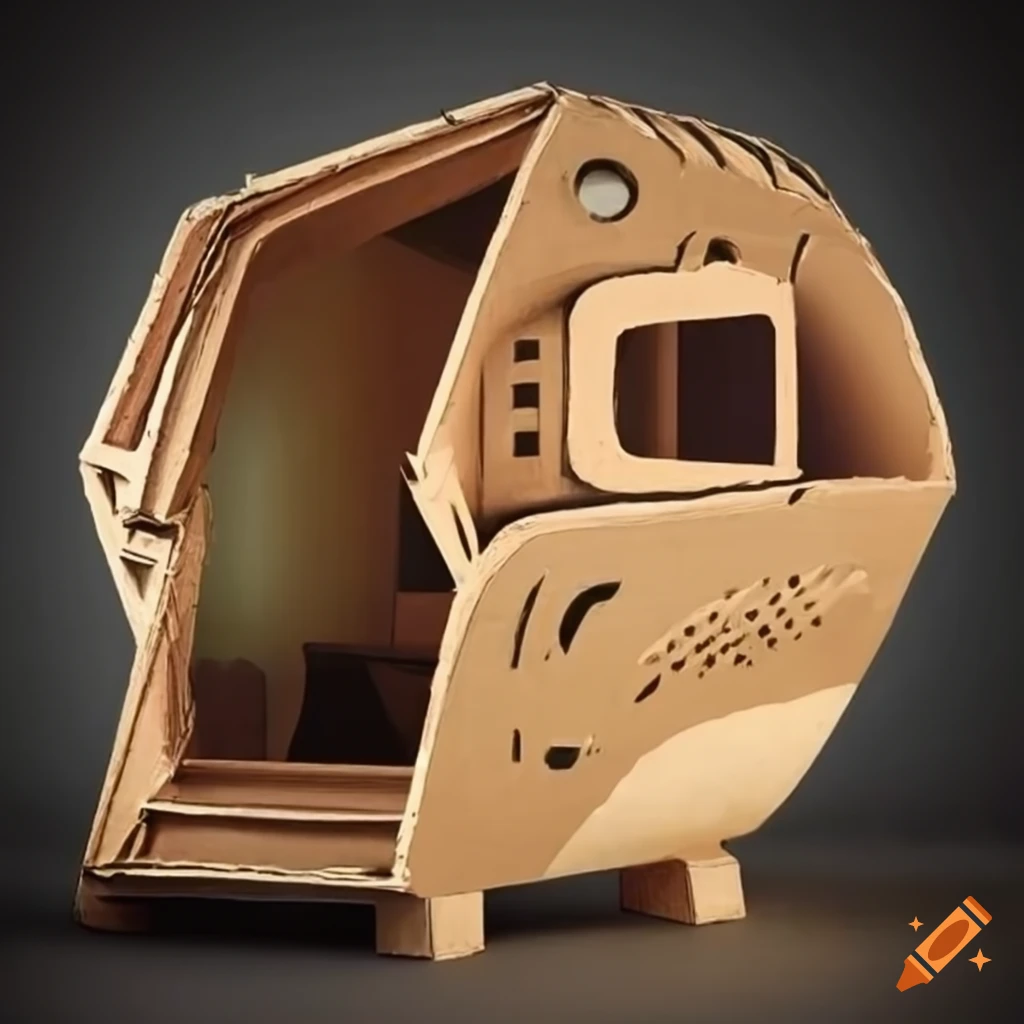 Technical drawing of a retro-futuristic living pod made from cardboard ...