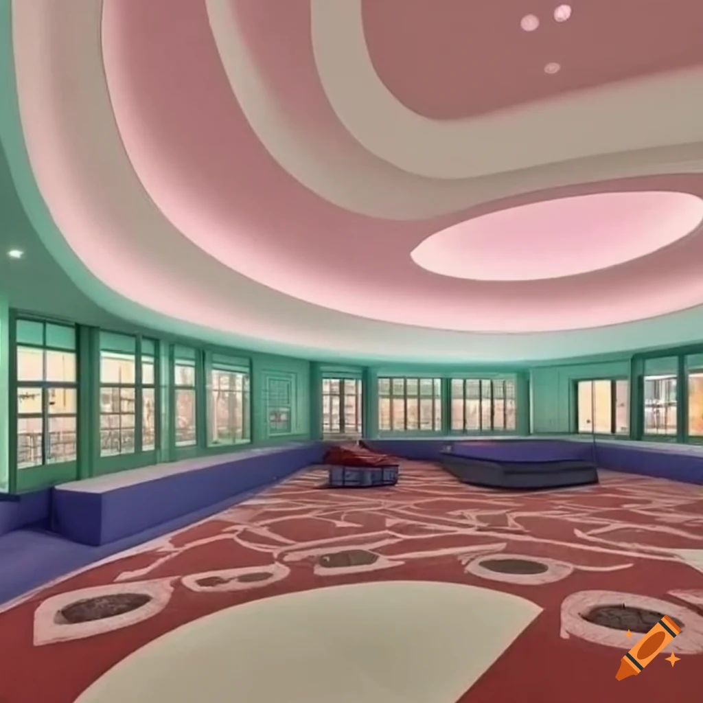 Surrealistic hotel lobby with pastel colors and tiled floors on Craiyon