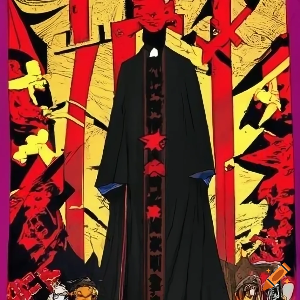 Black and red priest with golden crosses