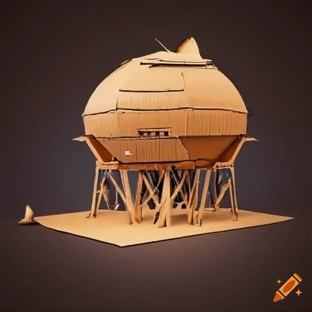 Retro futurism technical drawing of a cardboard living pod with unique ...