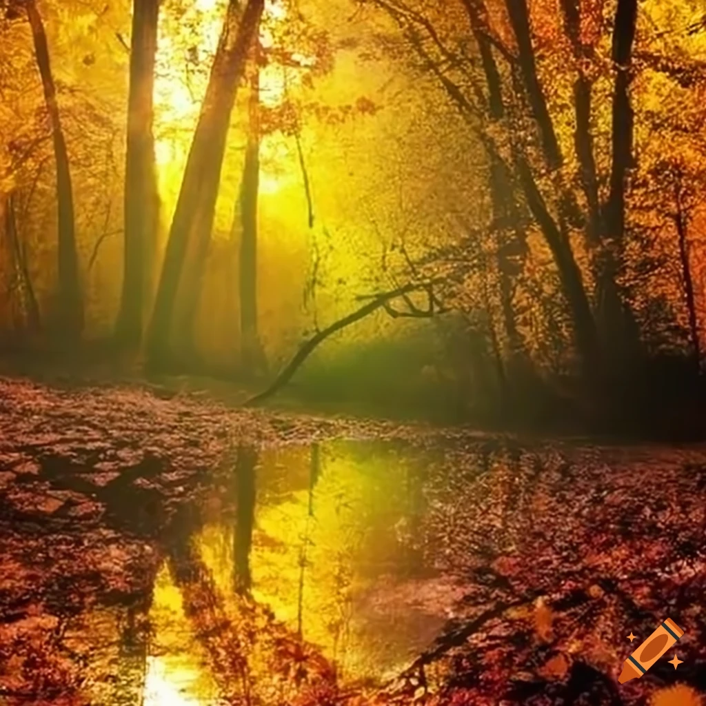 Fall landscape with sunrays and falling leaves