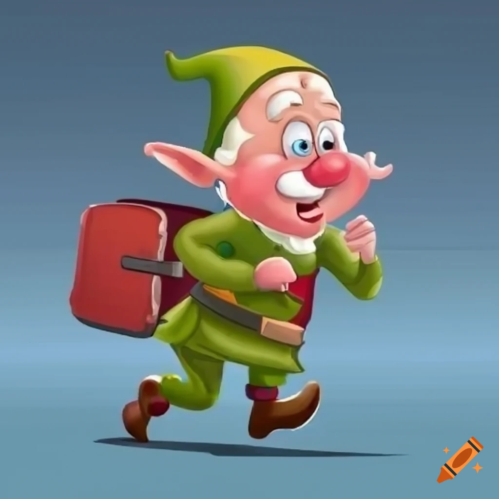 Cartoon dwarf running with a wheeled suitcase