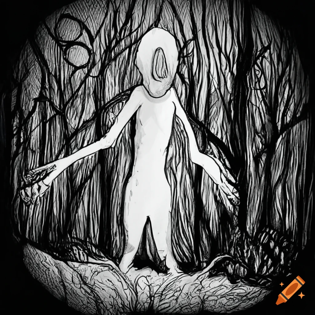 Sketch of a faceless creature in the woods on Craiyon