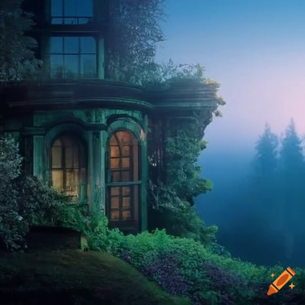 View of a garden house through a window