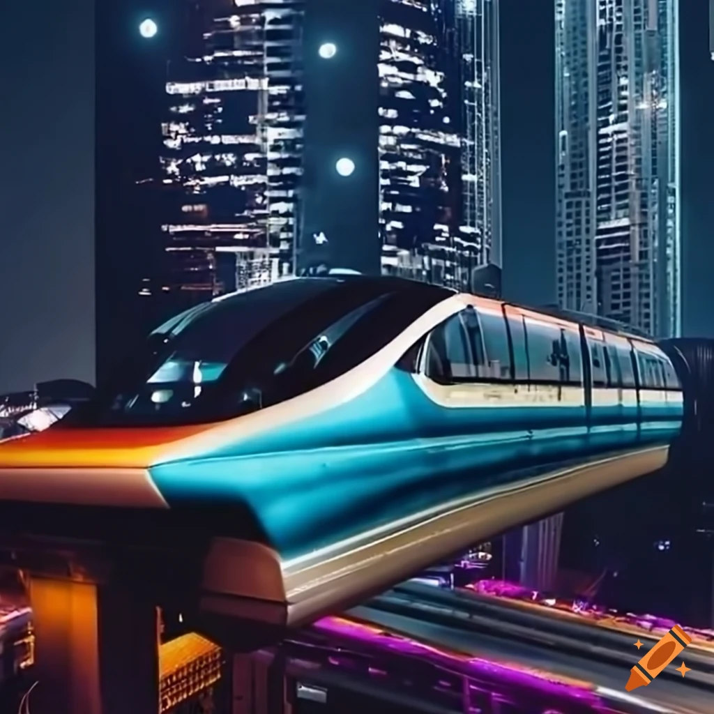 Night view of a futuristic monorail in dubai city with laser beam on ...