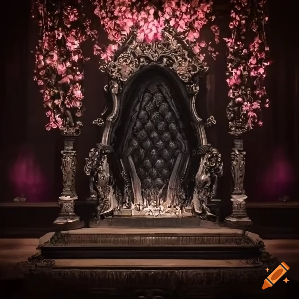 Dark throne room with a cherry blossom tree on Craiyon