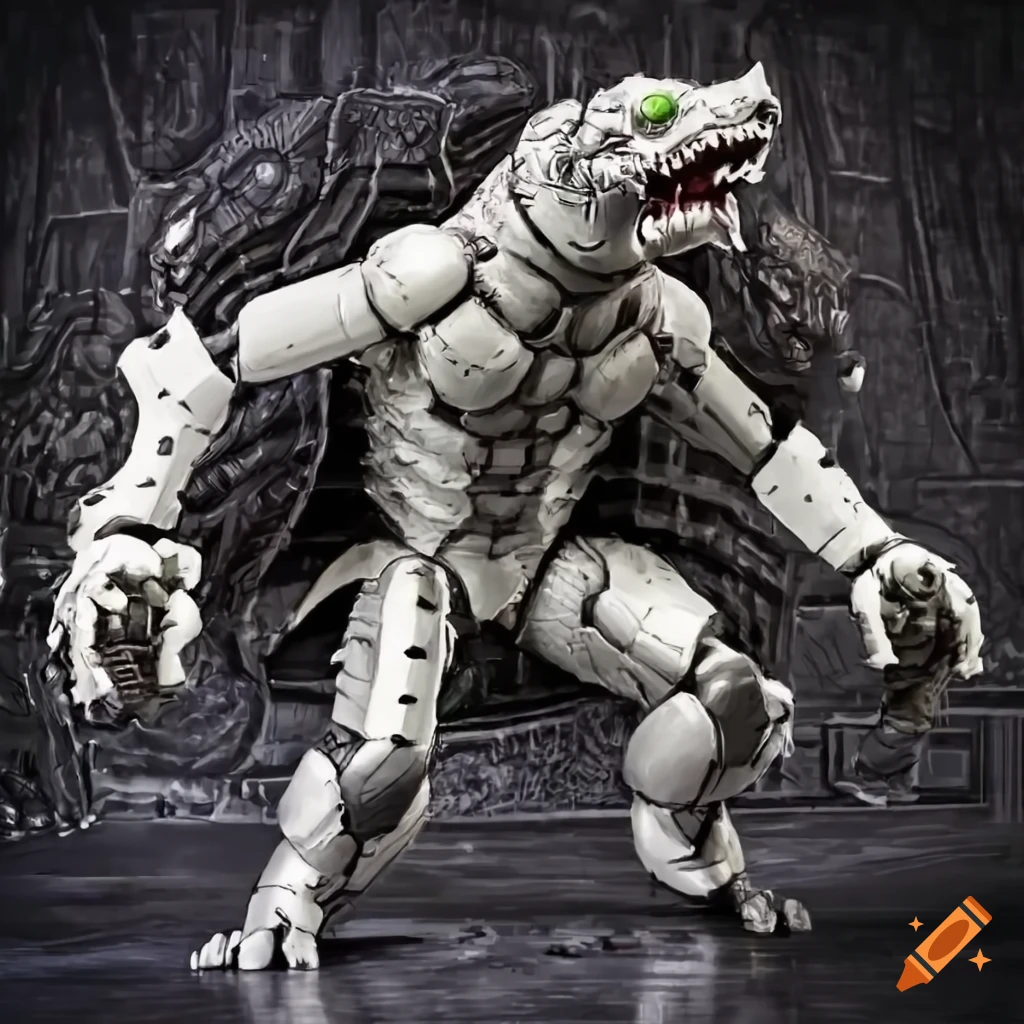 Black snapping turtle kaiju cyborg in futuristic armor