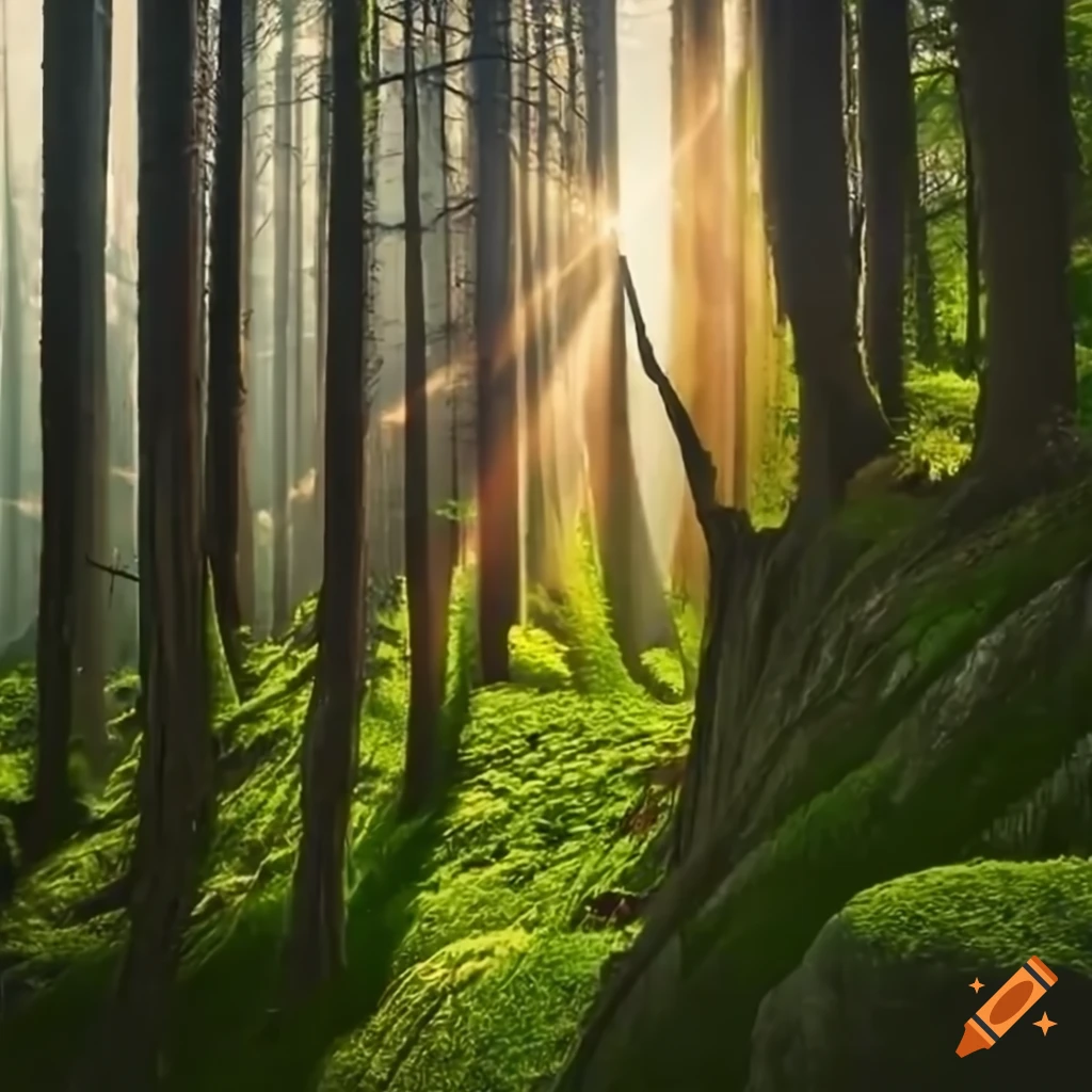 Sunlit forest in the mountains on Craiyon