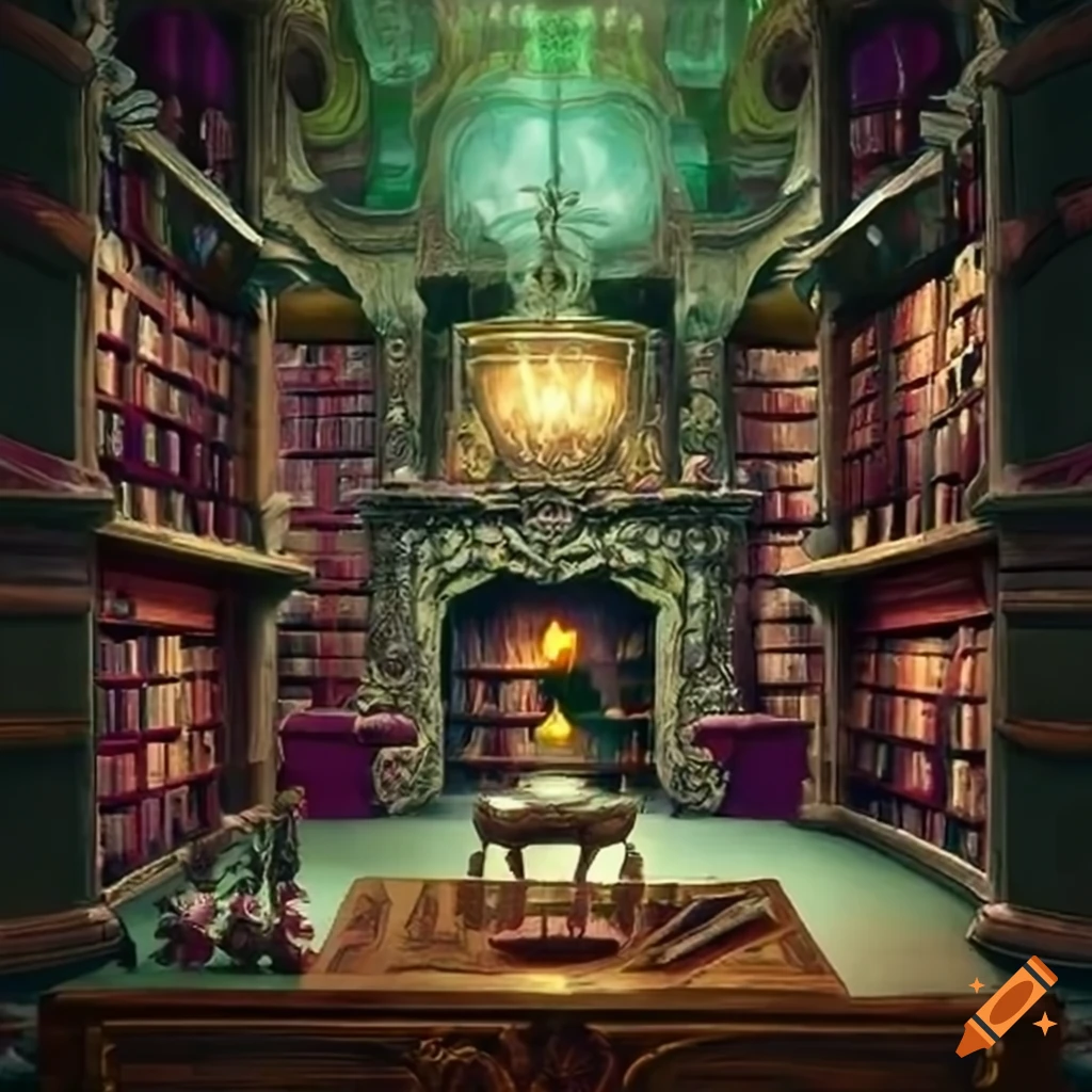 Gigantic ancient library in a bright enchanted forest with tall trees ...
