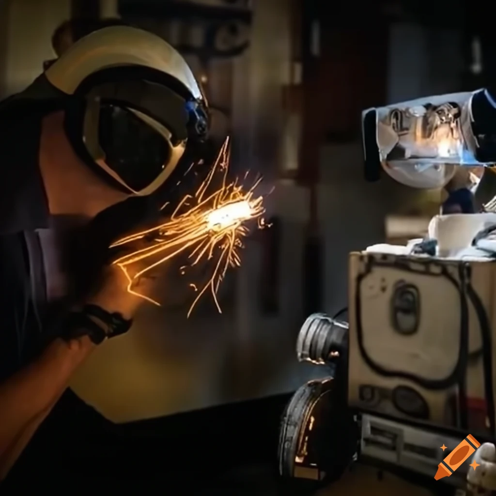 WALL-E welding with a human on extended reality goggles on Craiyon